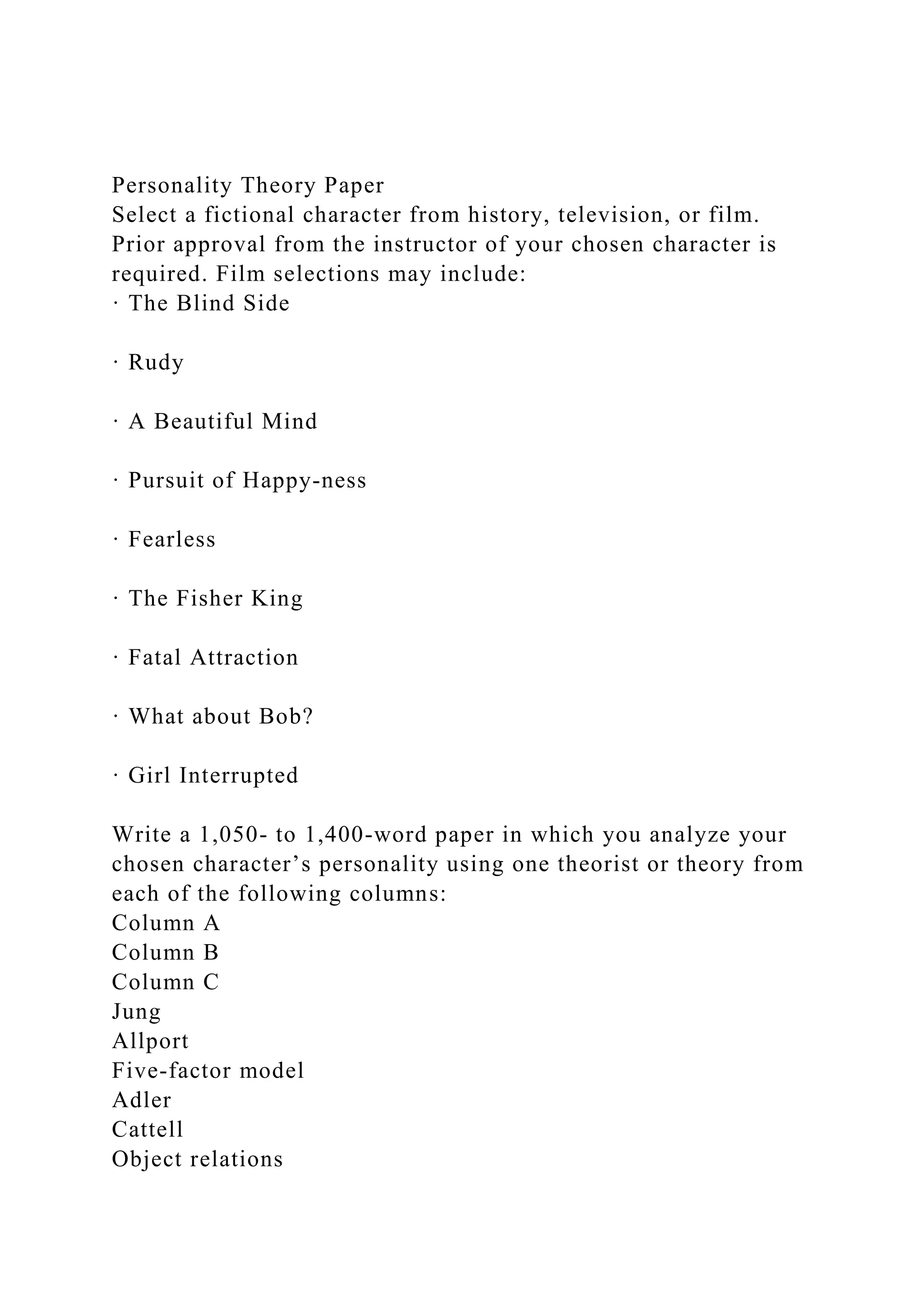 Personality Theory PaperSelect a fictional character from histor.docx