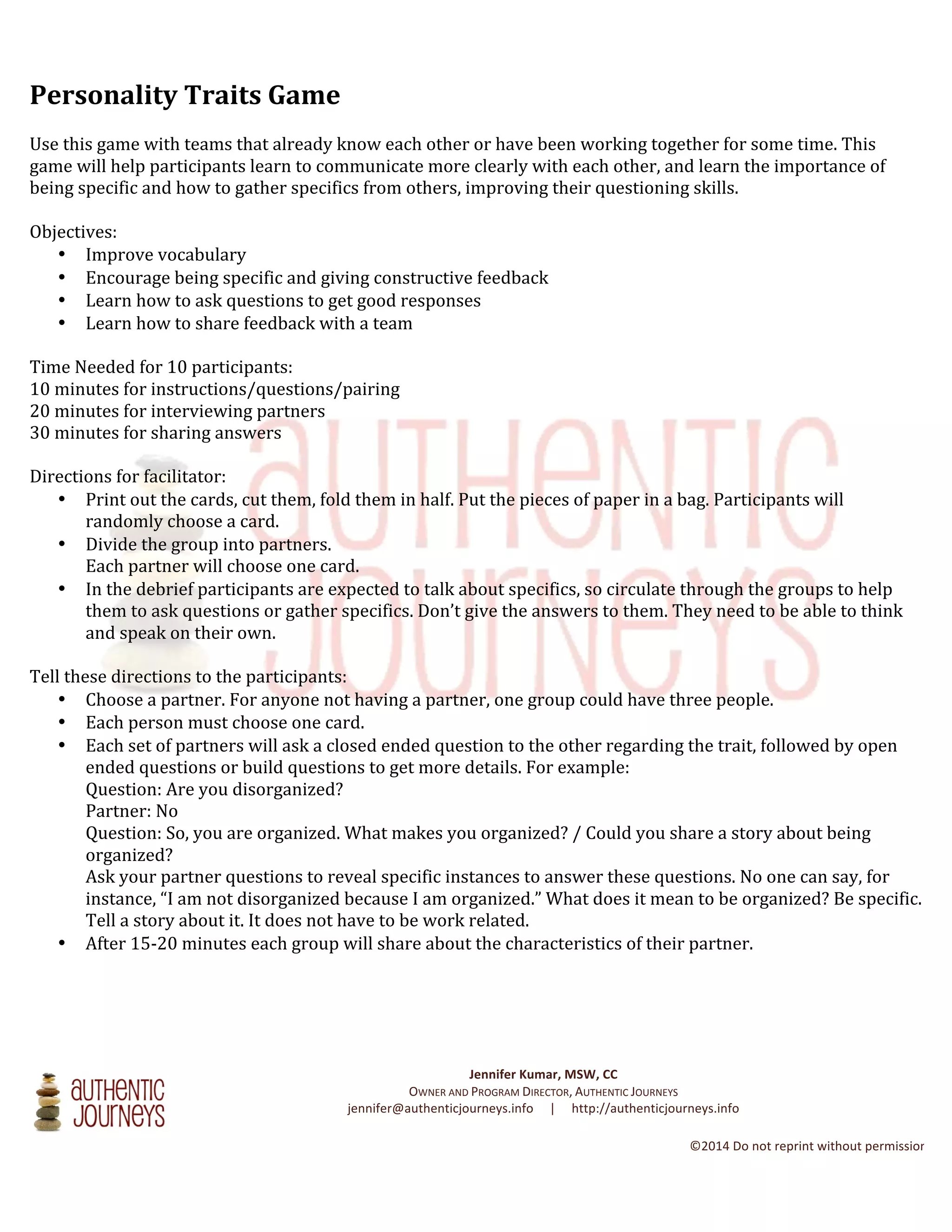 Personality Traits - Icebreaker in Corporate Training | PDF