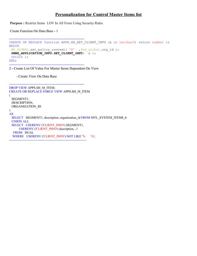 Oracle ERP Personalization for control master items list | DOC | Technology & Computing