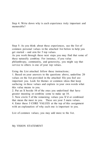 Personal leadership plan assignment values + vision statement + | PDF