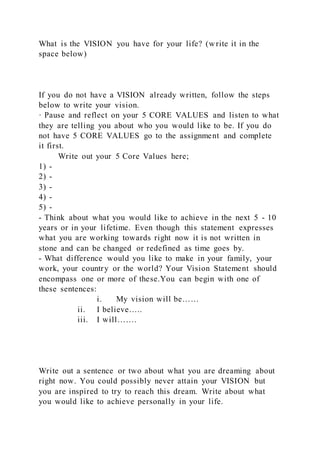 Personal leadership plan assignment values + vision statement + | PDF