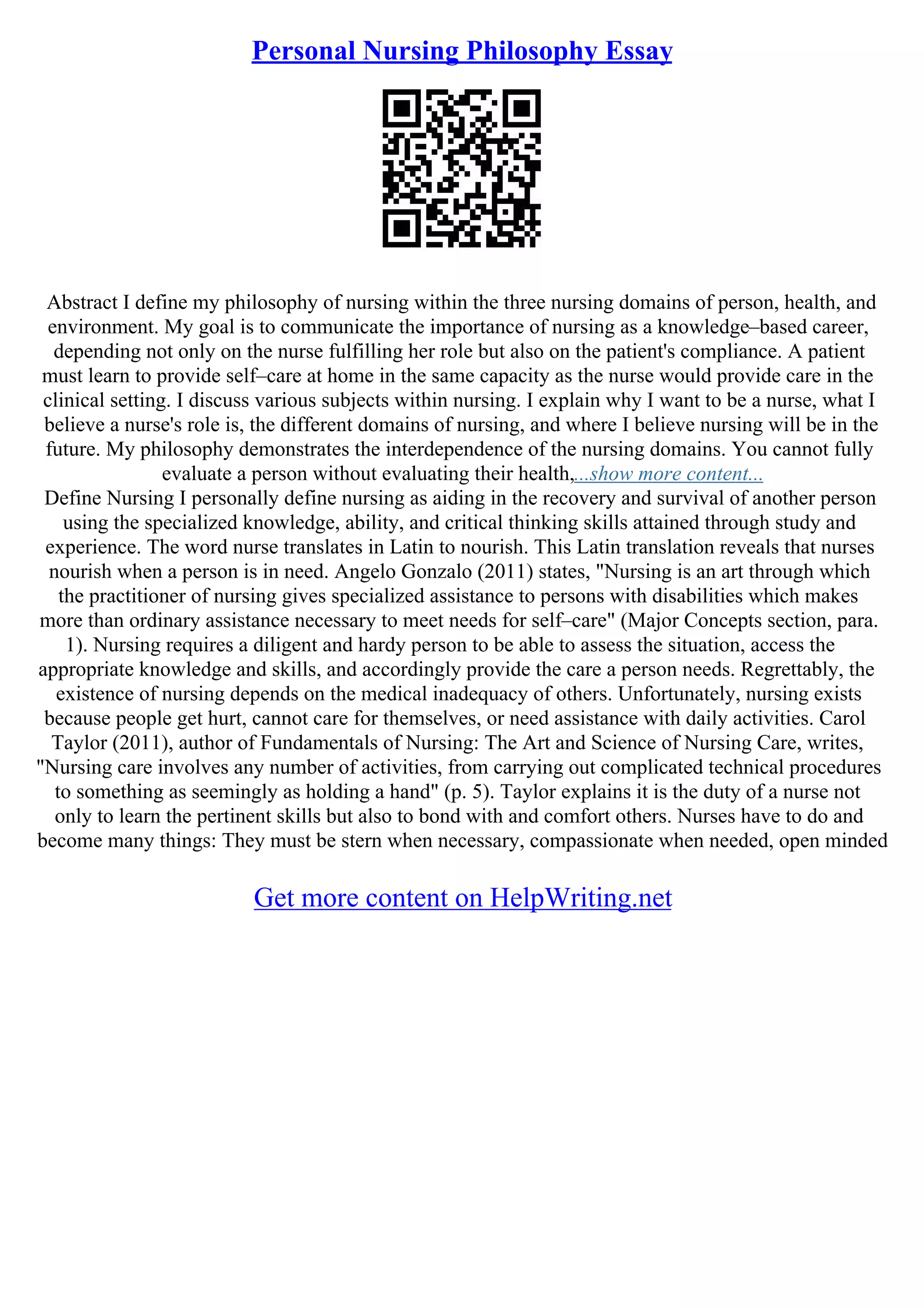 Personal Philosophy Of Nursing College Essay | PDF