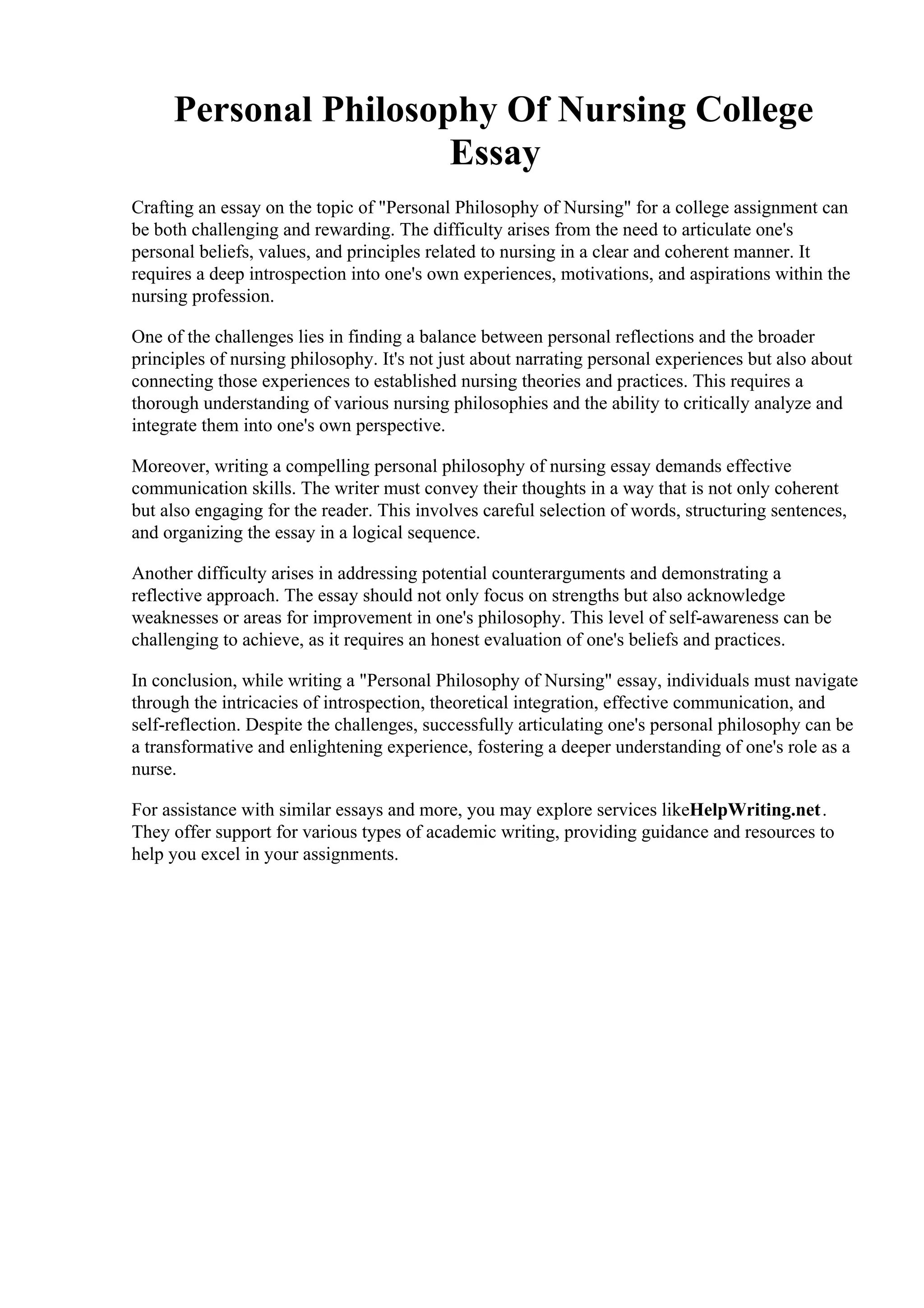 Personal Philosophy Of Nursing College Essay | PDF