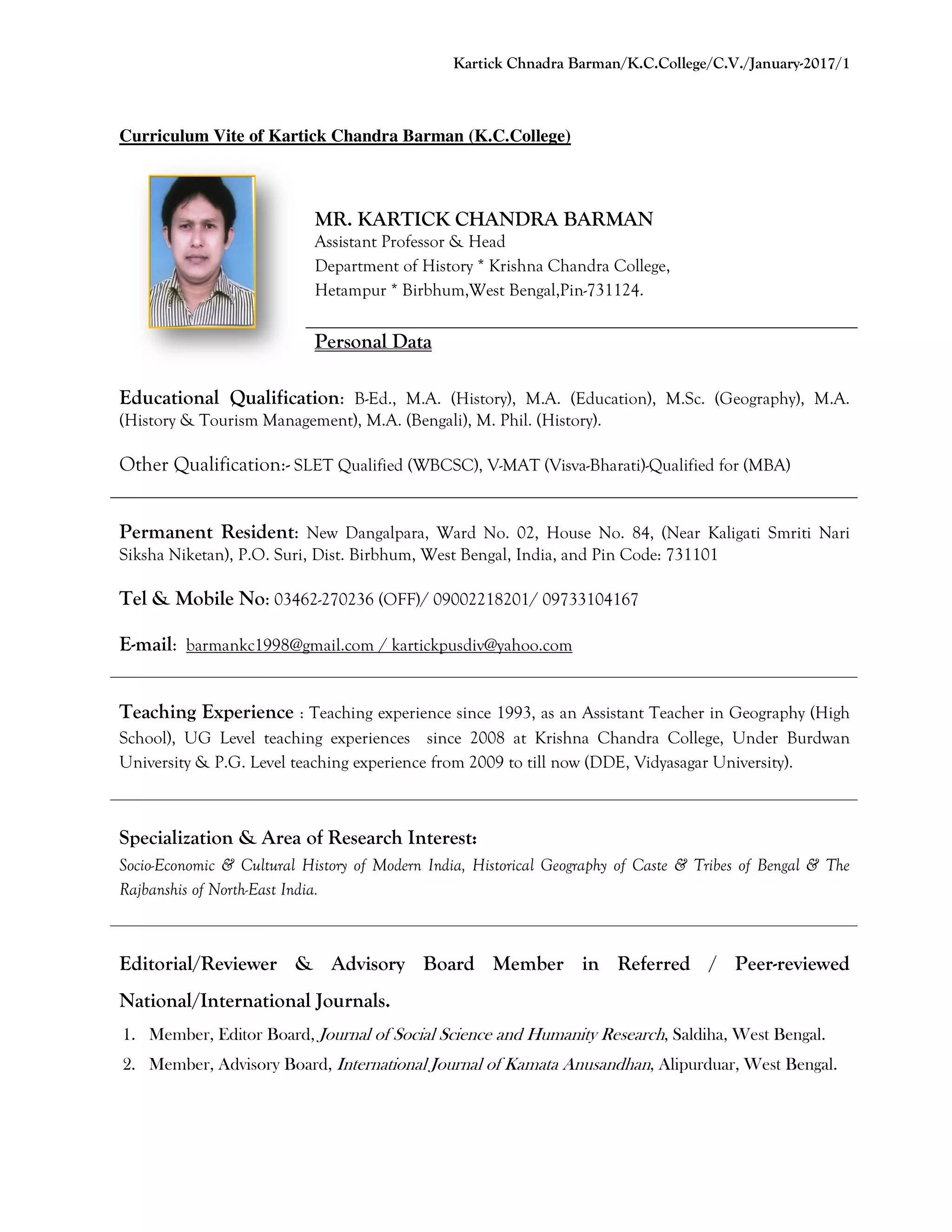 Kartick Chandra Barman's Personal profile c.v | PDF