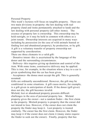 Personal PropertyThis week’s lectures will focus on tangible pro.docx
