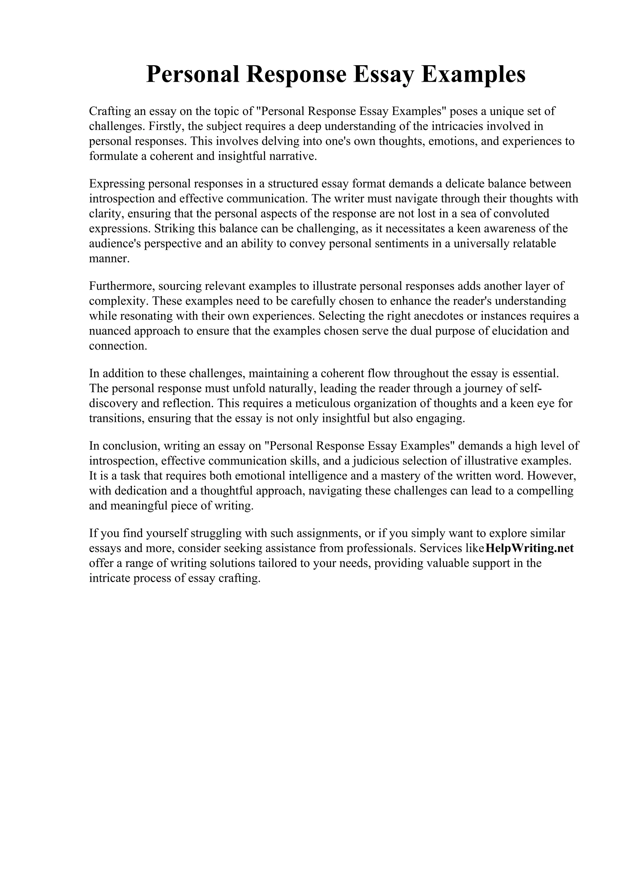 Personal Response Essay Examples | PDF