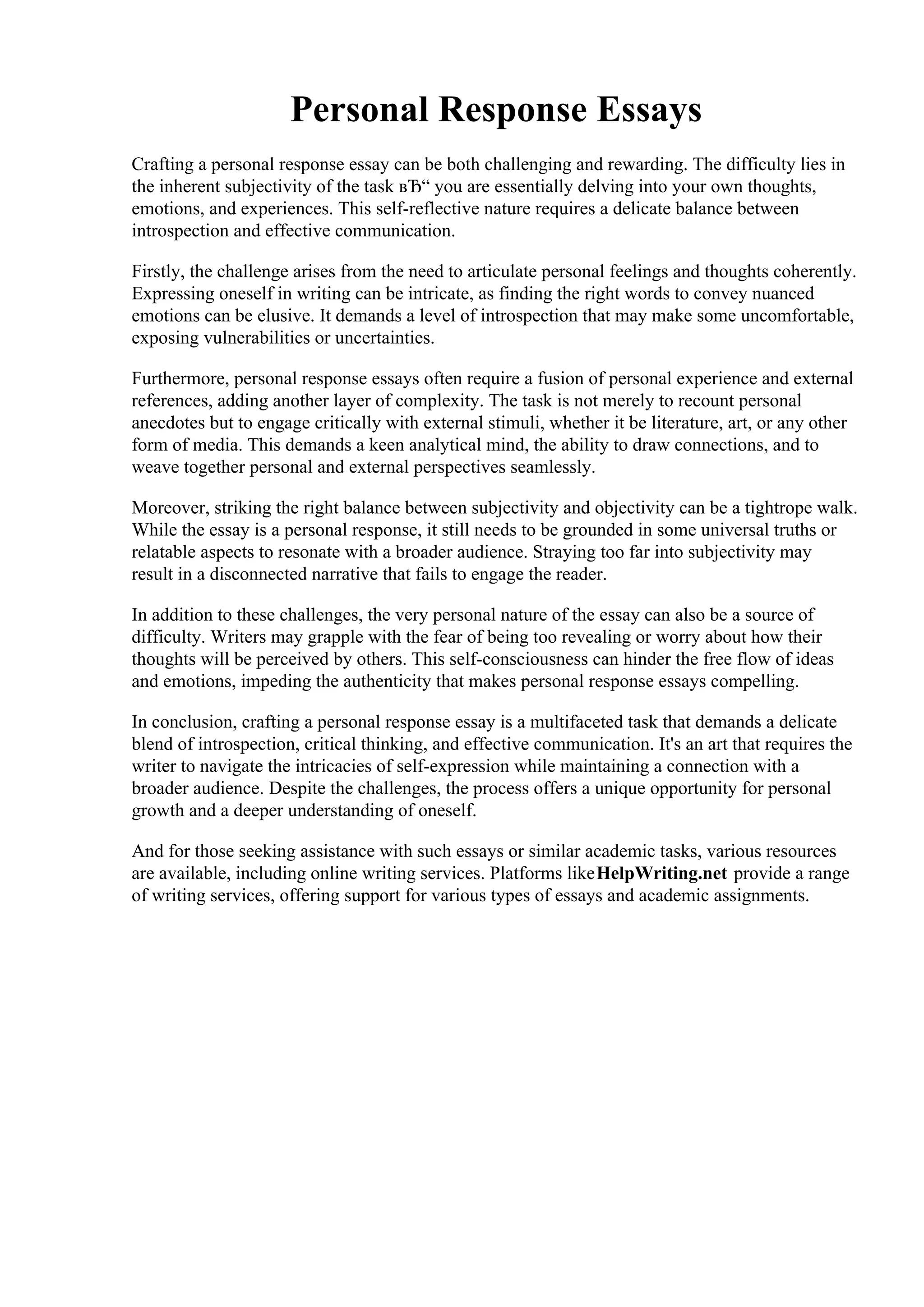 Personal Response Essays | PDF