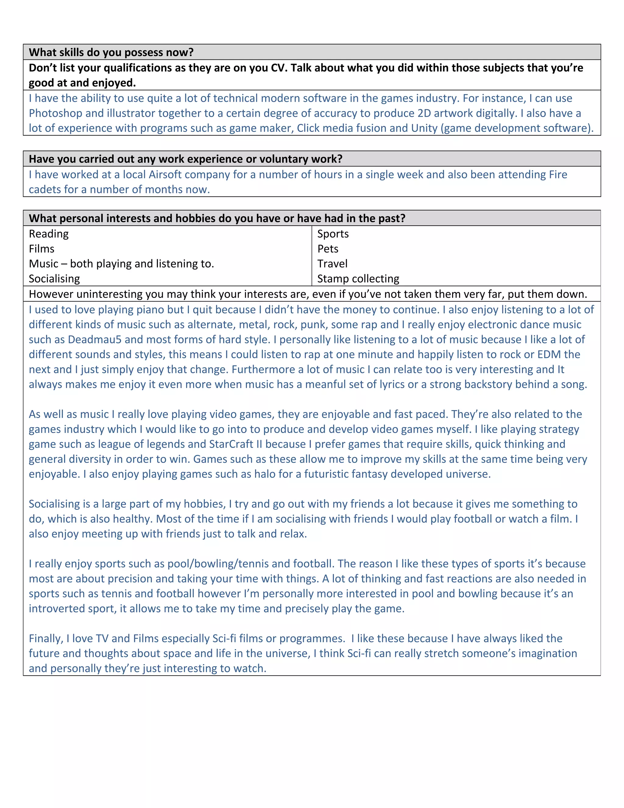 Personal statement MPH u13 2 | DOC | Music | Entertainment
