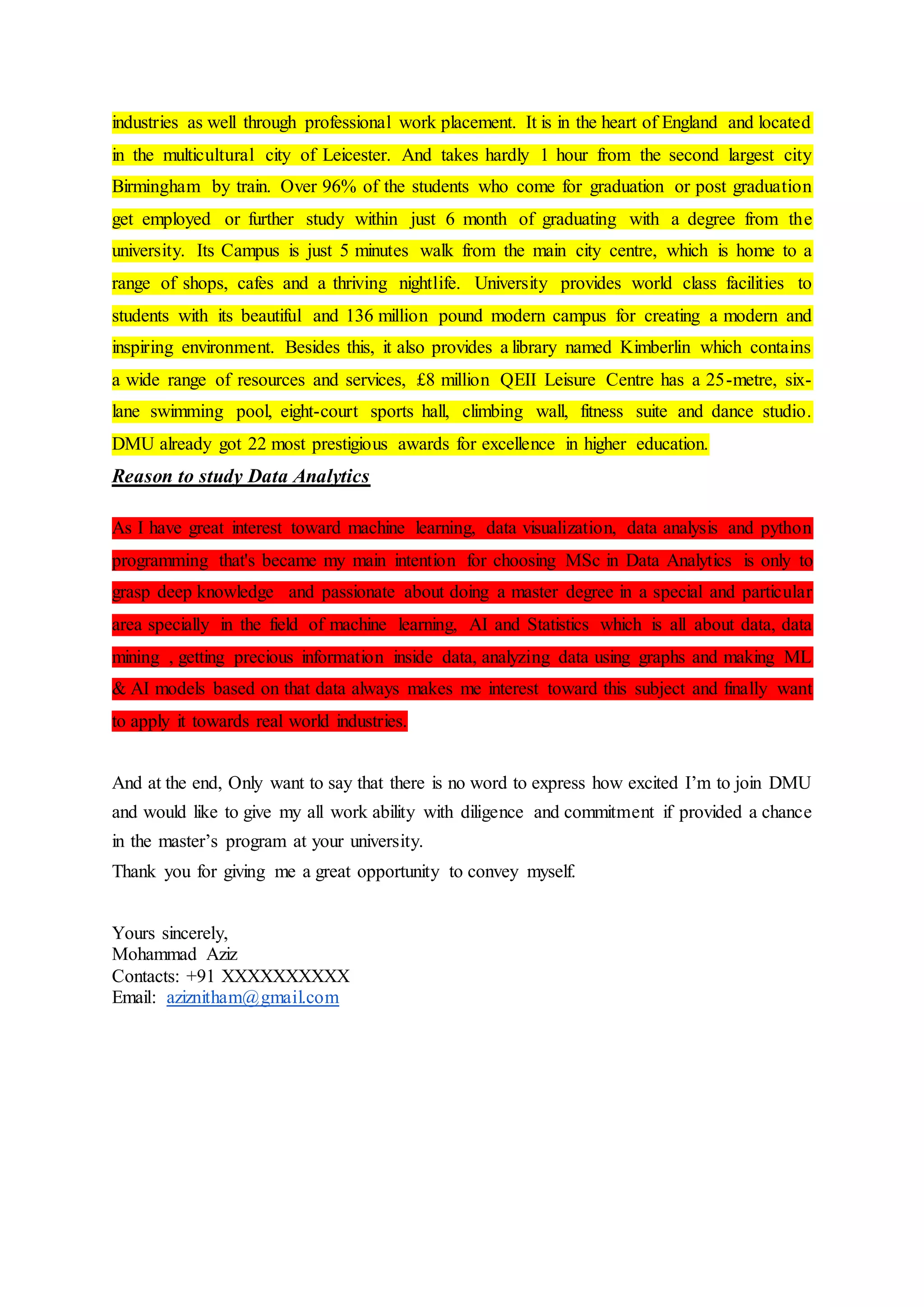 SOP or Personal Statement De Montfort University | DOCX