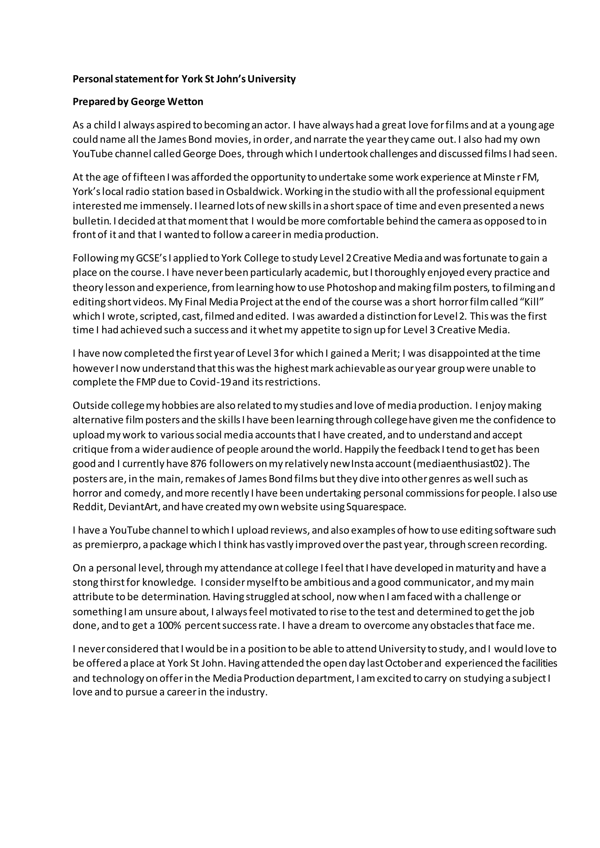 Personal statement by george wetton | DOCX