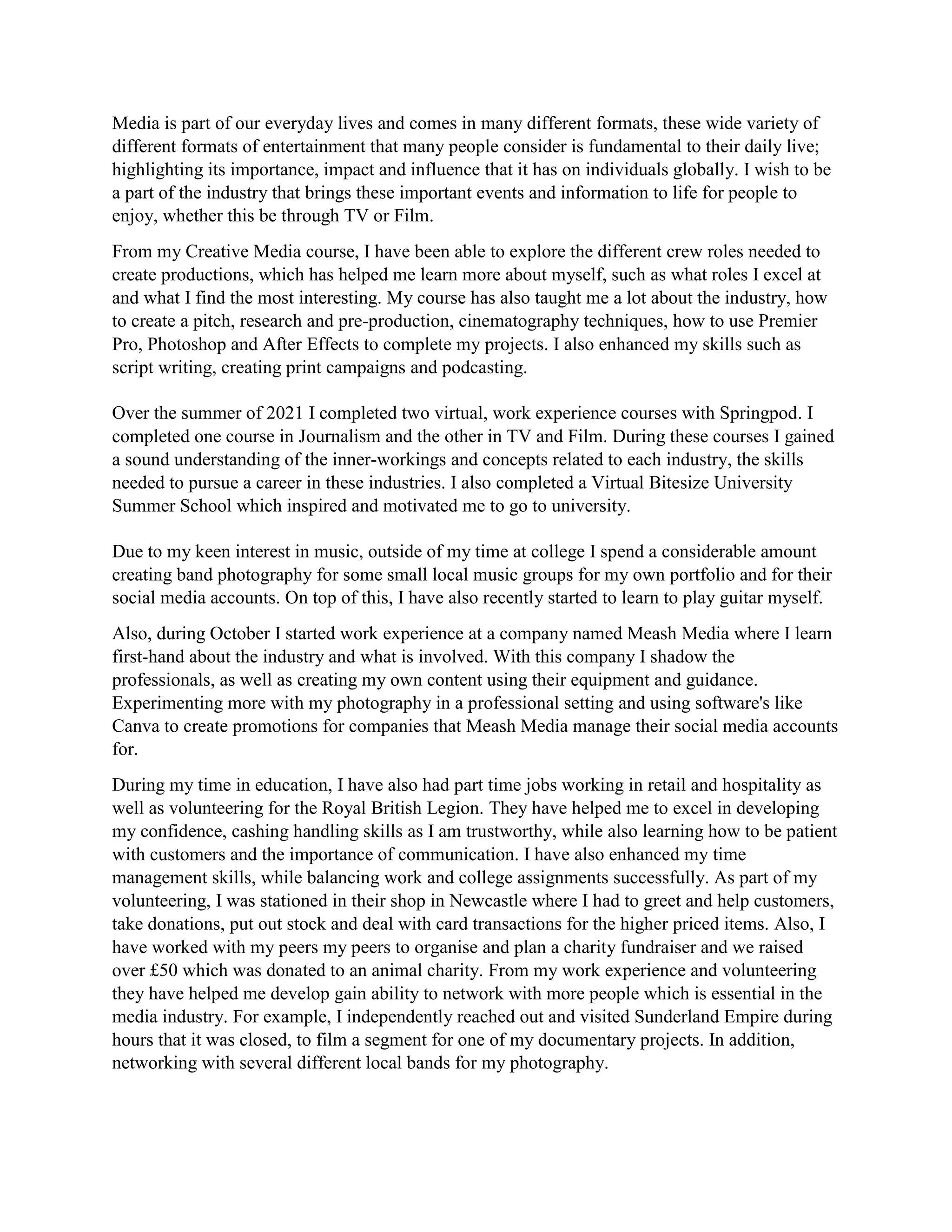 Personal Statement Draft 4 | DOCX | Media Industry | Industries