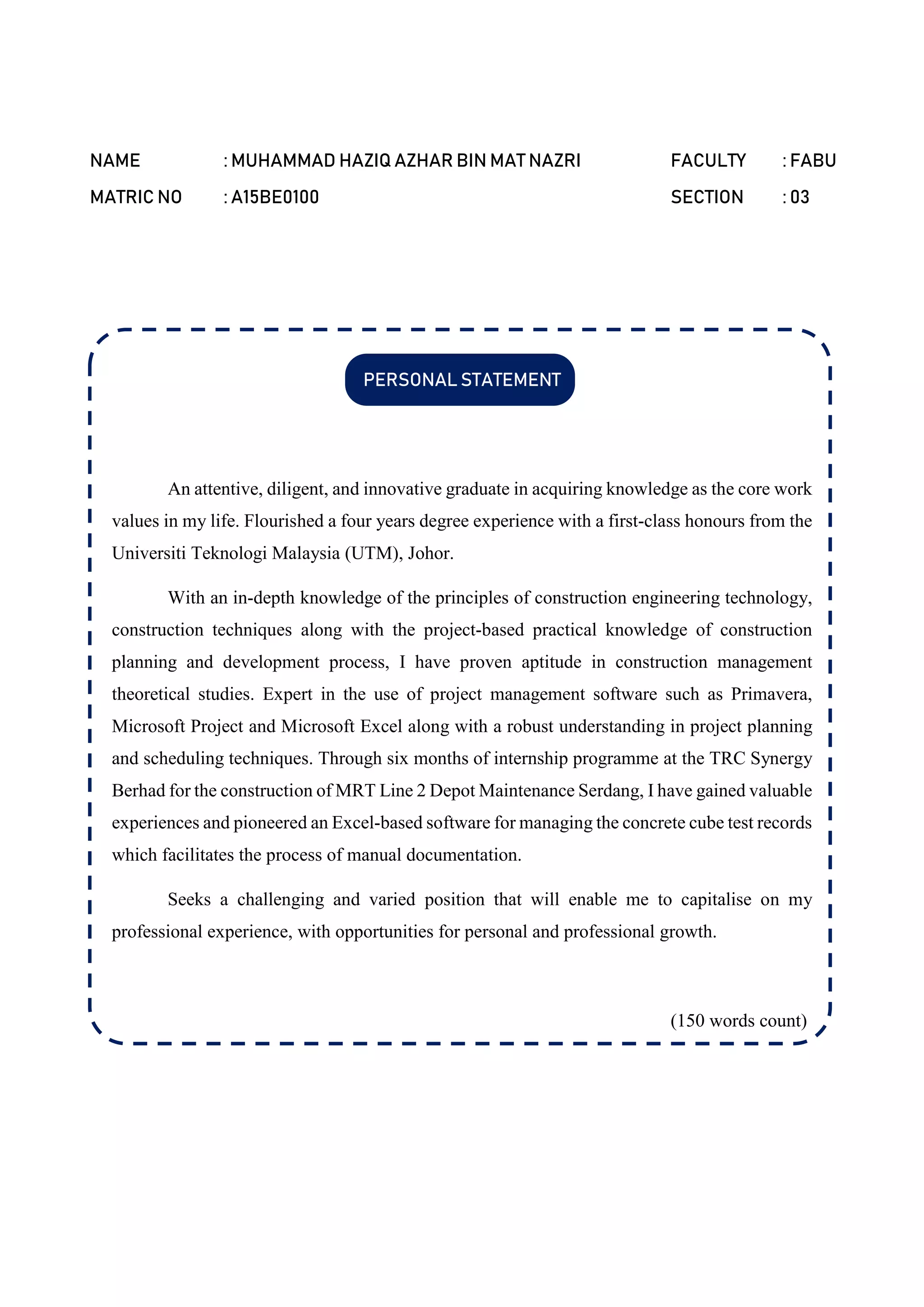 Personal Write-Up (ULAB3162 English for Professional Purposes) | PDF