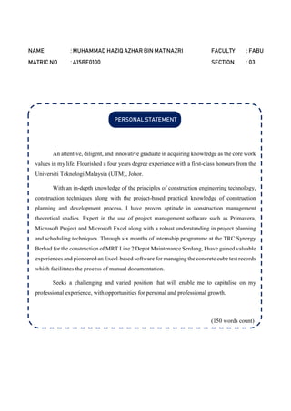 Personal Write-Up (ULAB3162 English for Professional Purposes) | PDF