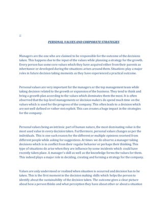 Personal values and Corporate Strategy (MBA Project) | PDF