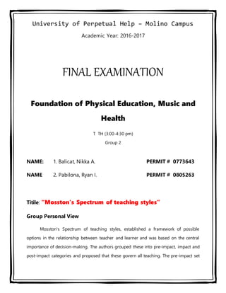 "Mosston's Spectrum of teaching styles" | DOCX