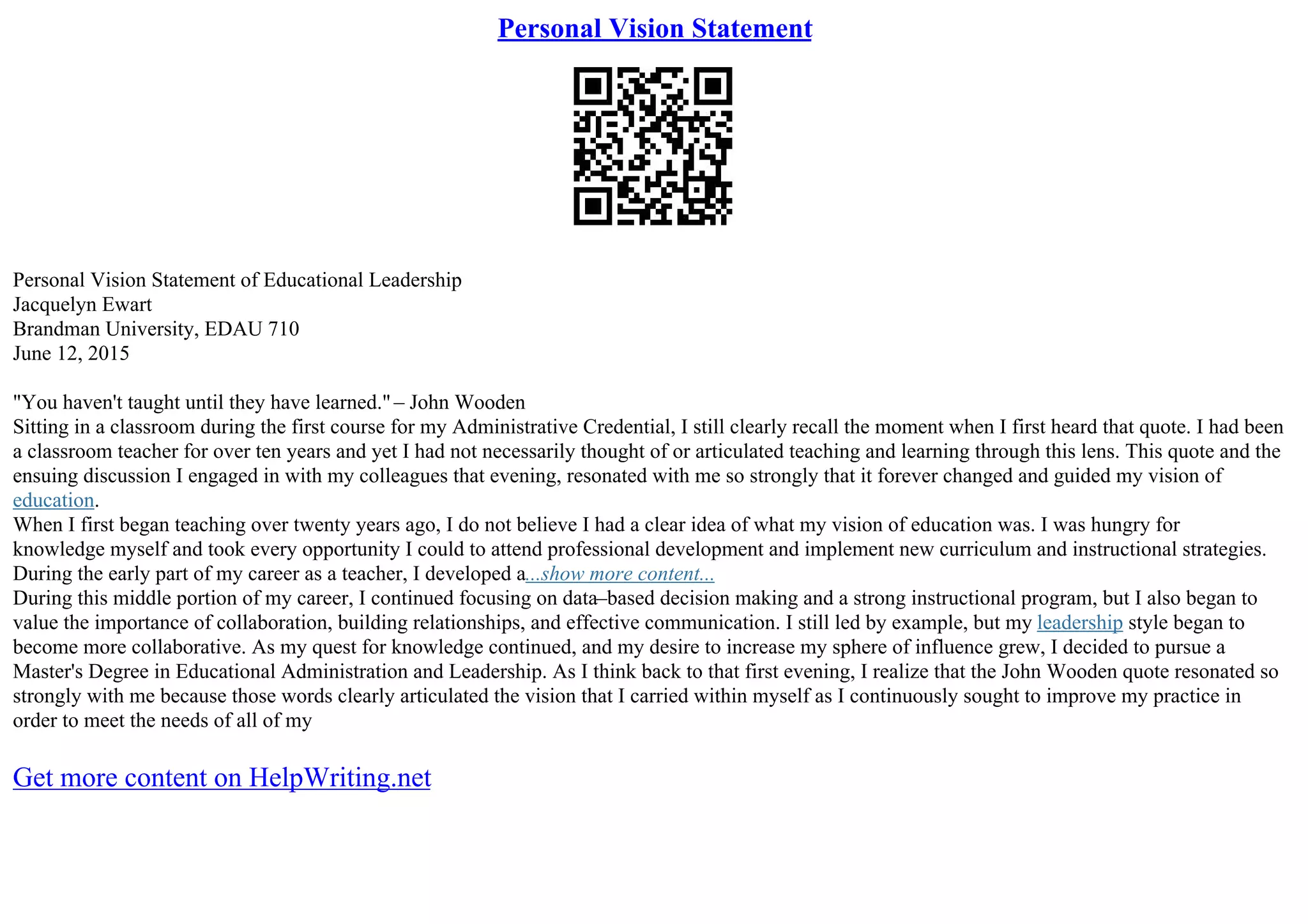 Personal Vision Statement | PDF