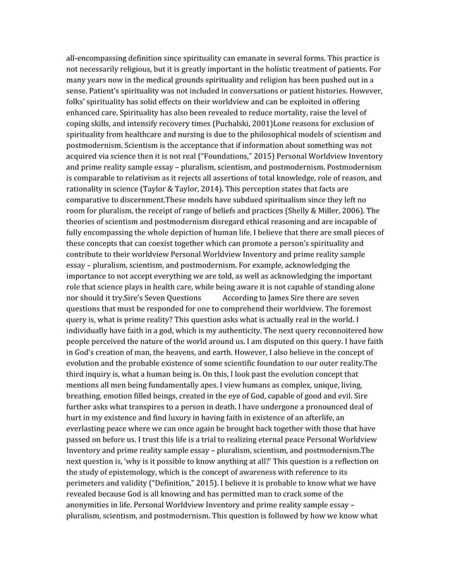 Personal Worldview Inventory and prime reality sample essay and ...