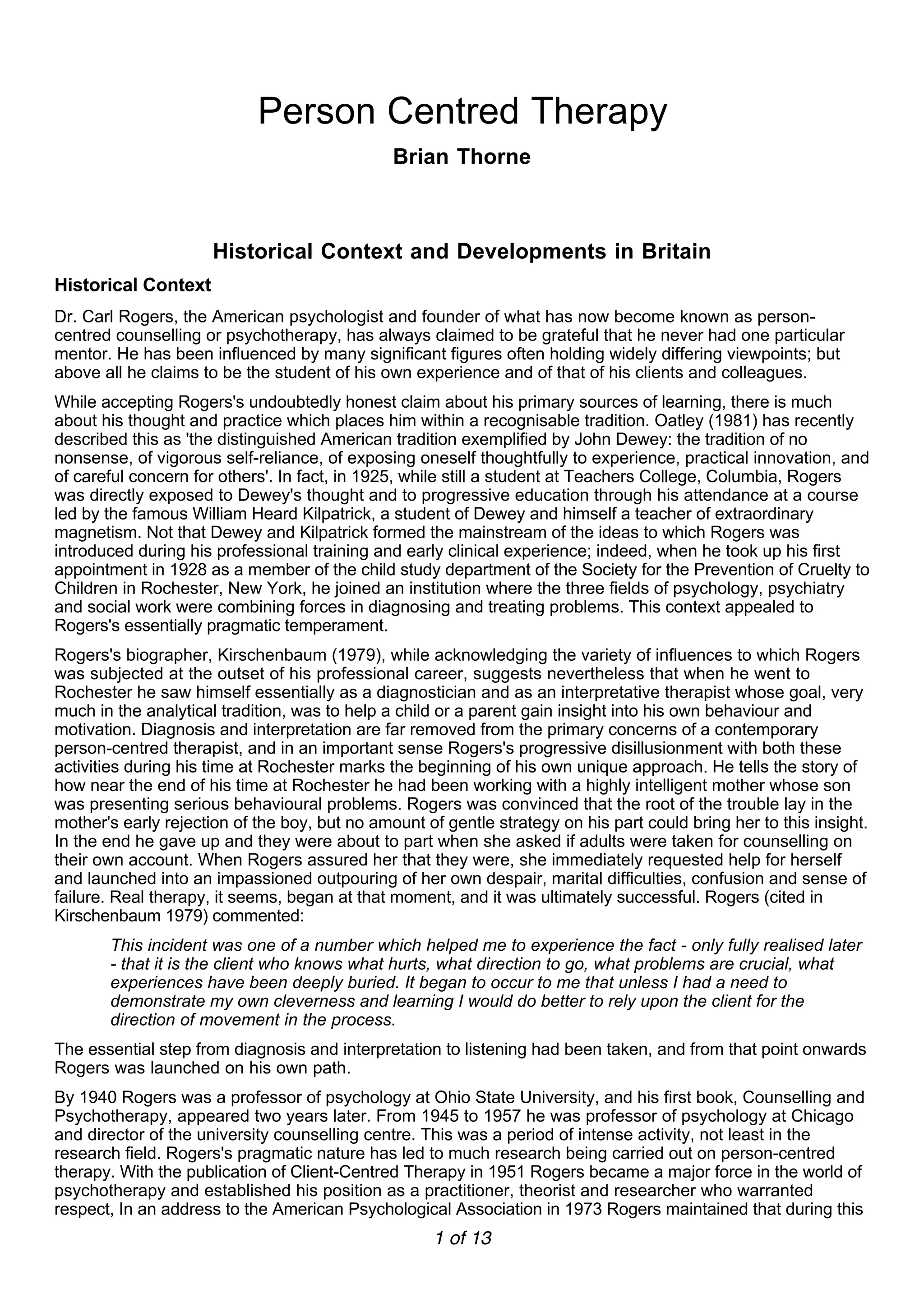 Person centered therapy by brian thorne | PDF