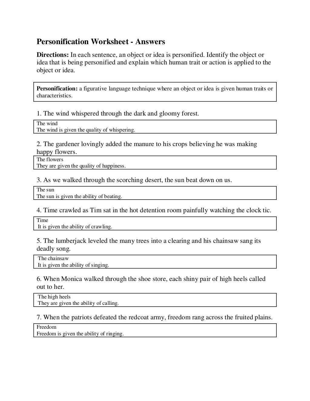 Personification worksheet and ans