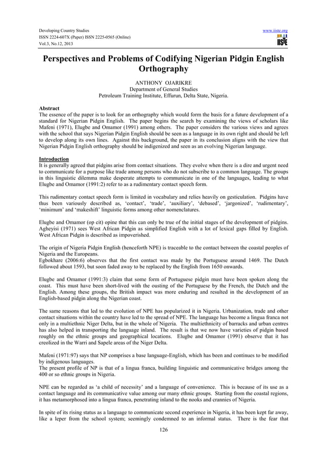 Perspectives and problems of codifying nigerian pidgin english ...