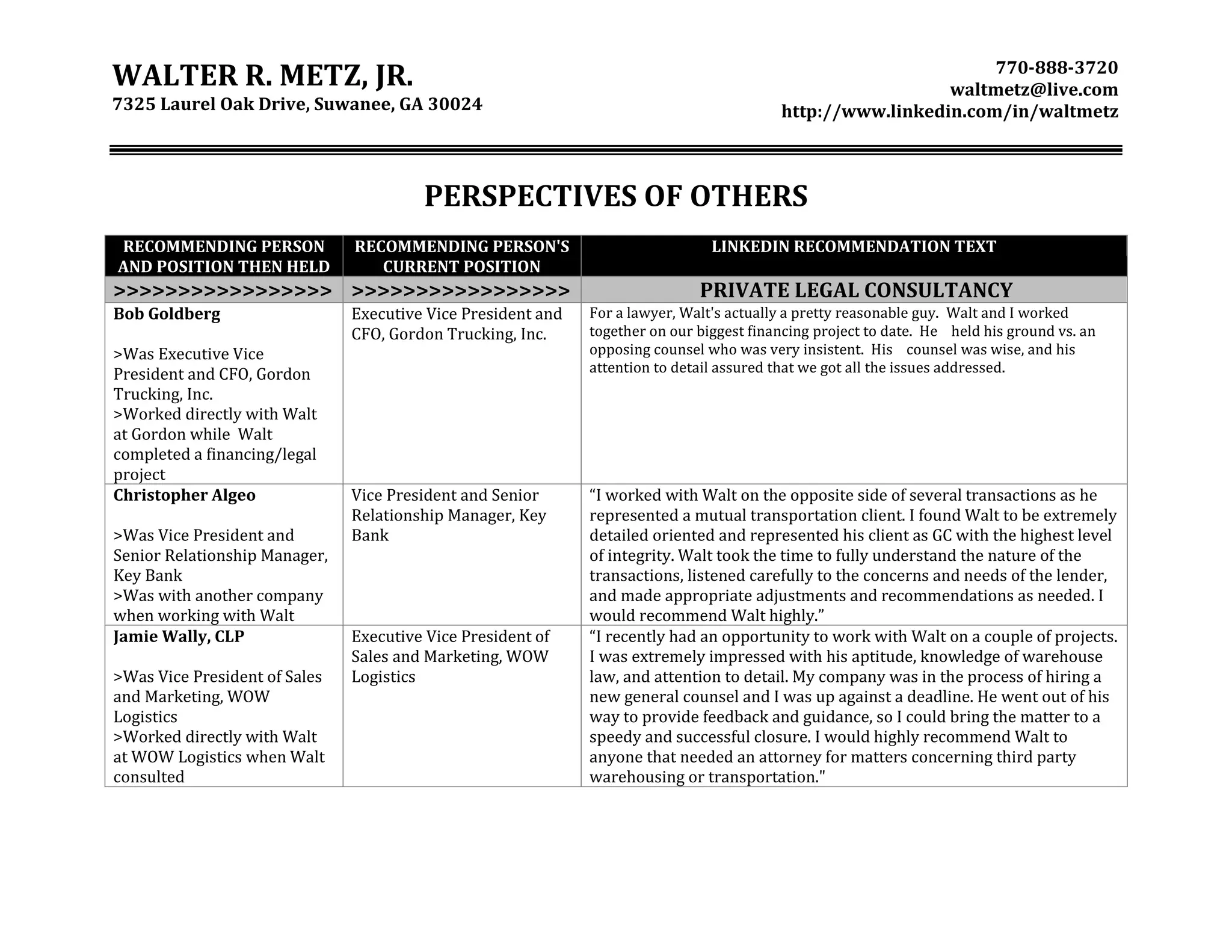 Perspectives of Others on Walt Metz | PDF