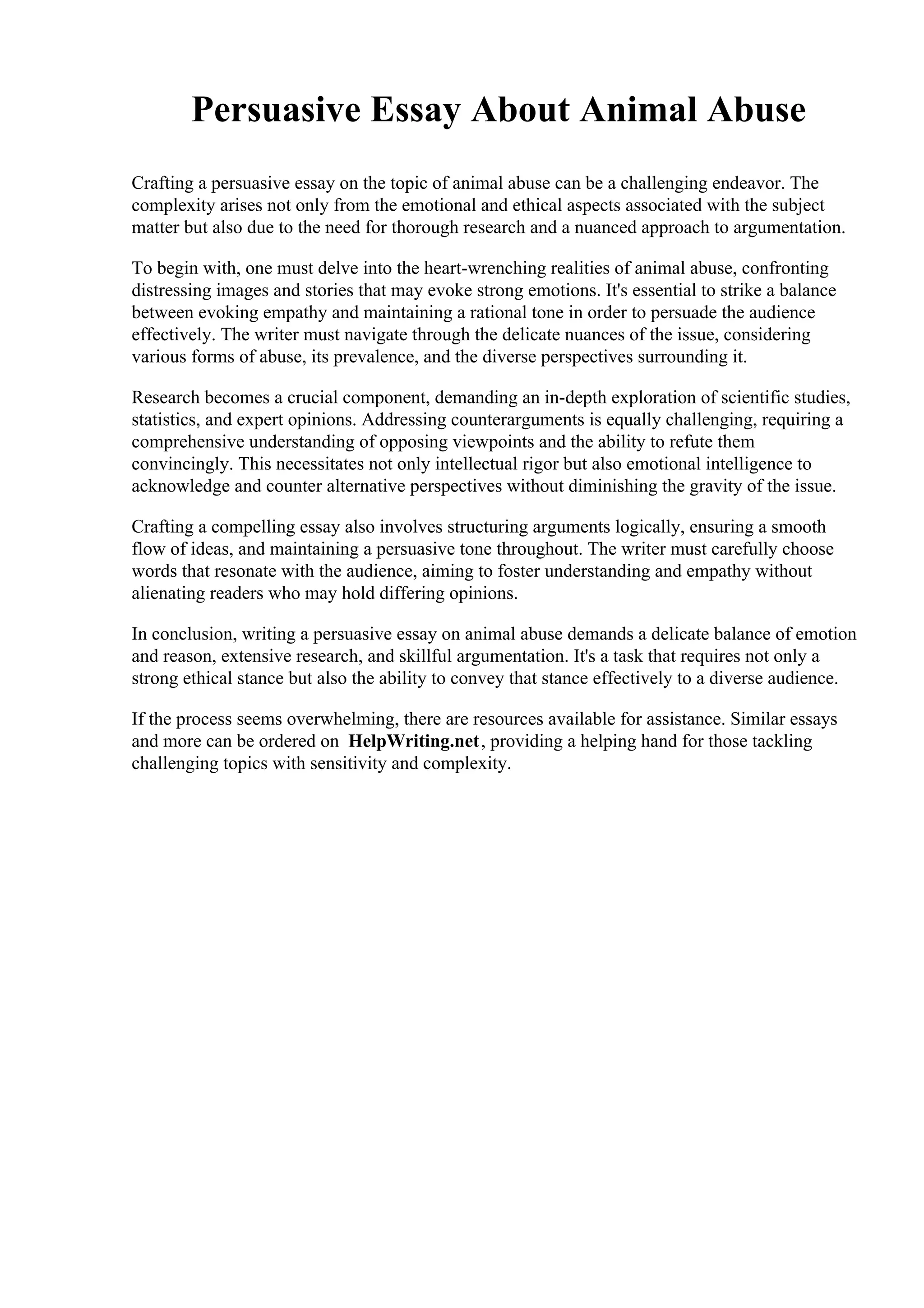 Persuasive Essay About Animal Abuse. Benedictine University | PDF