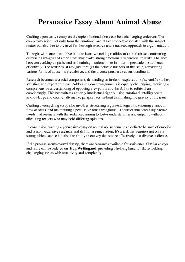Persuasive Essay About Animal Abuse. Benedictine University | PDF