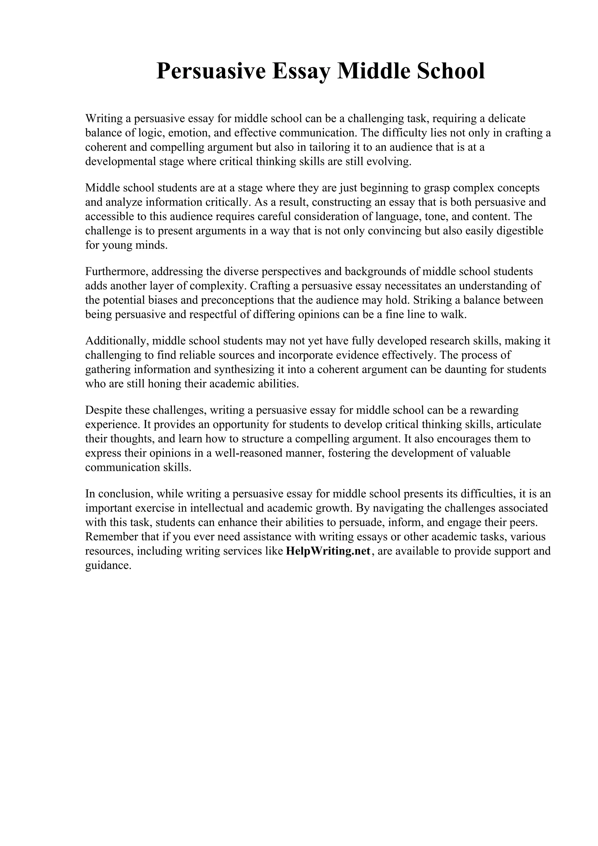 Persuasive Essay Middle School. Coker University | PDF