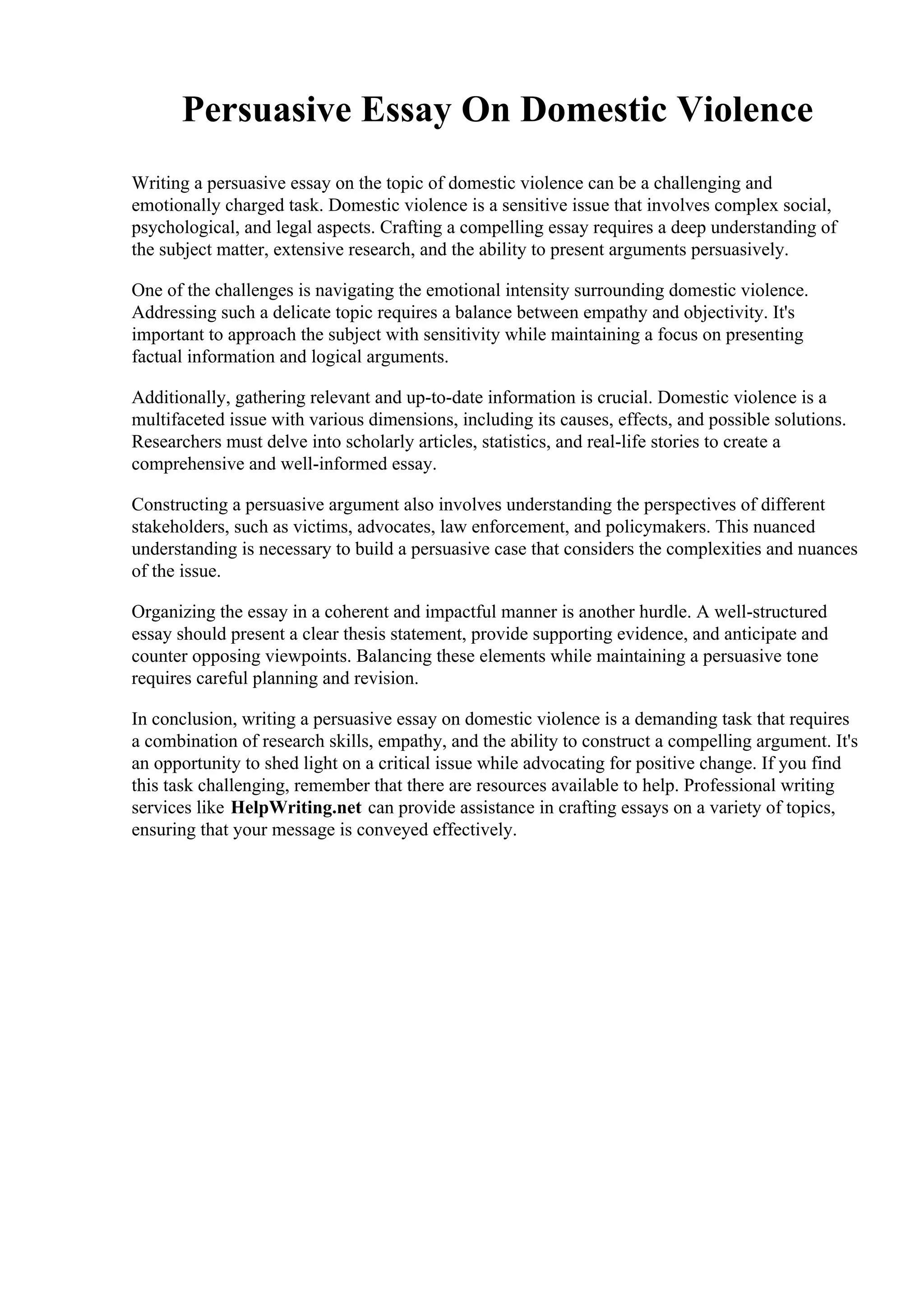 Persuasive Essay On Domestic Violence. Heritage University | PDF