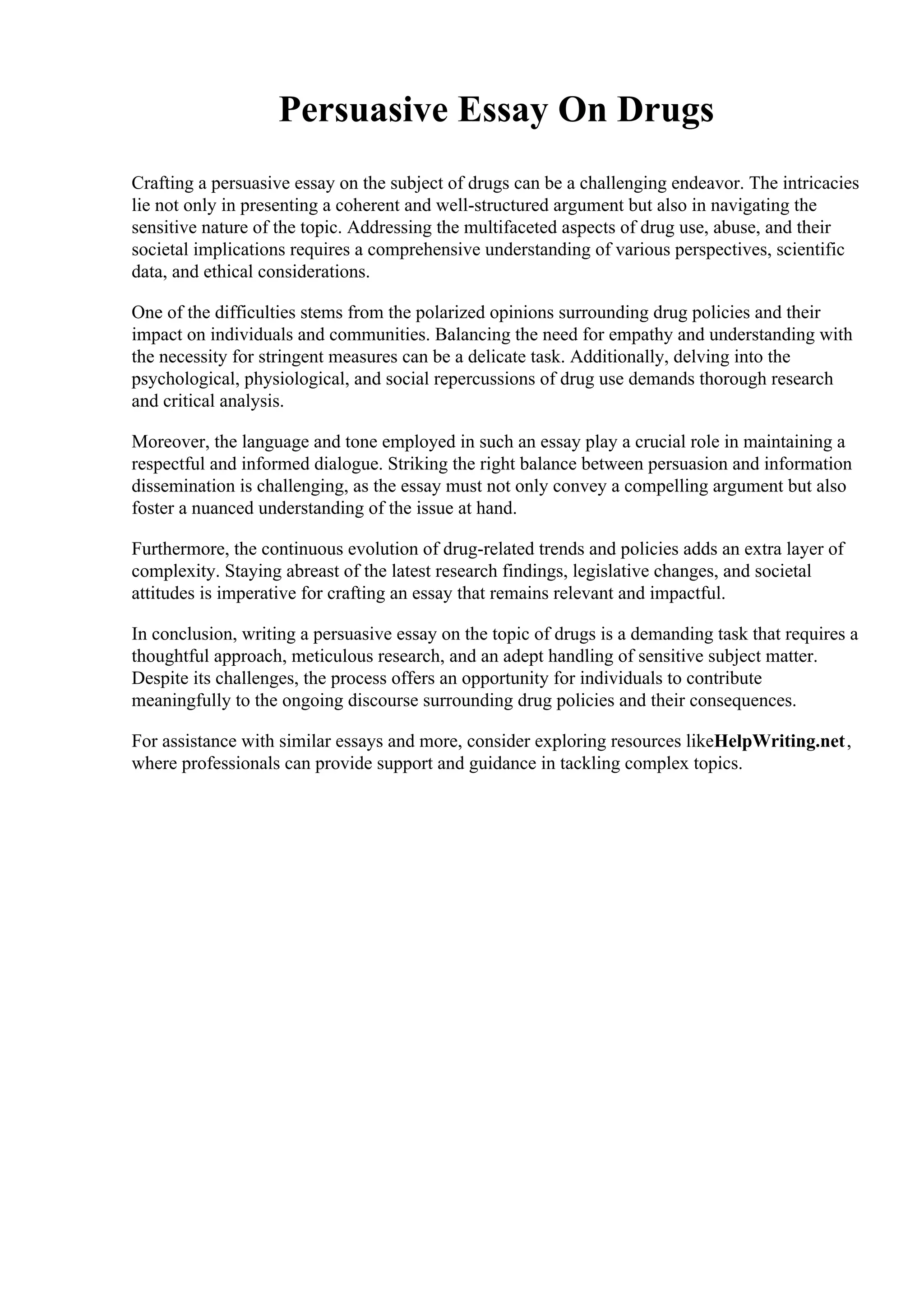 Persuasive Essay On Drugs. The Institute of World Politics | PDF