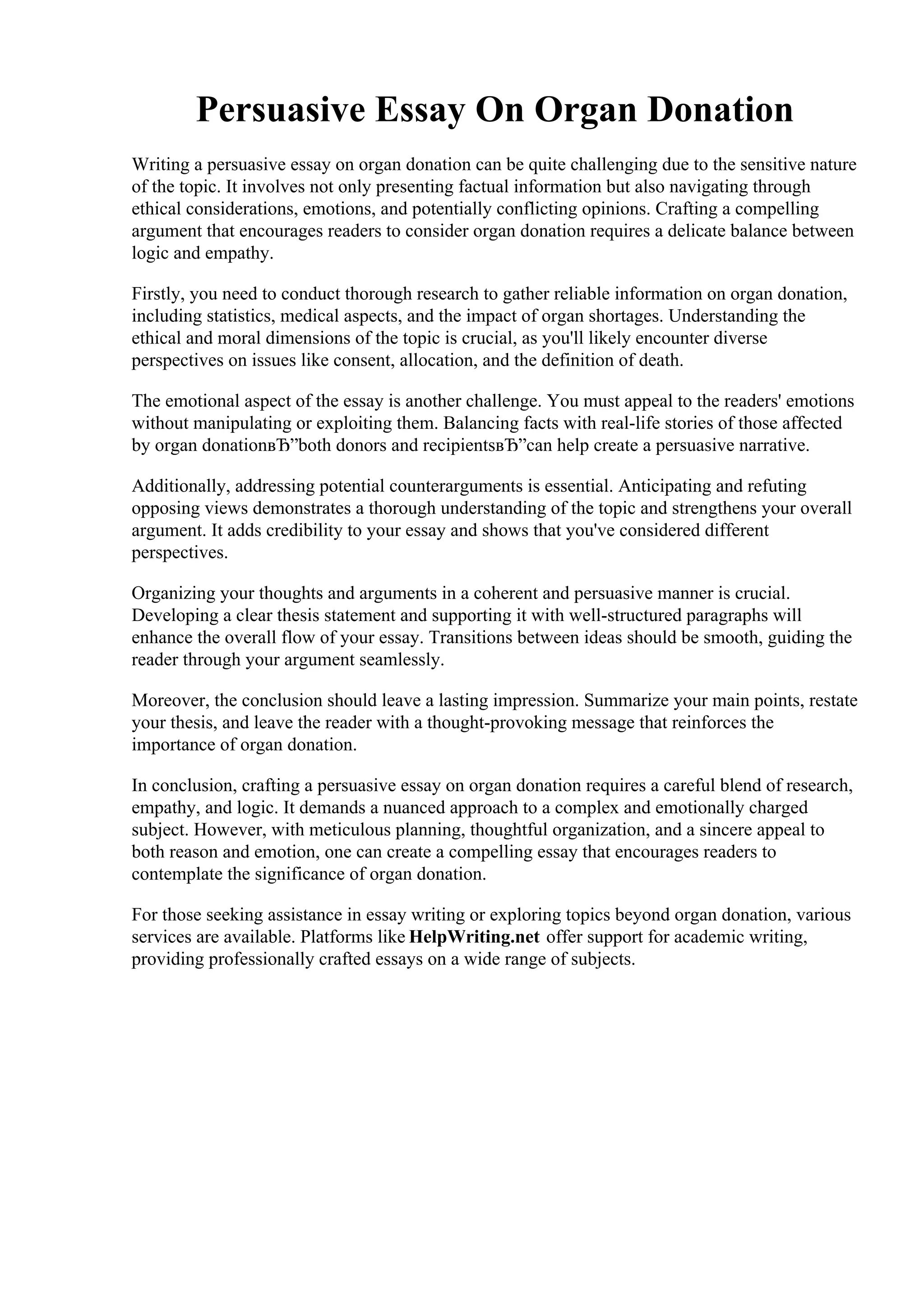 Persuasive Essay On Organ Donation. Persuasive speech Title : Organ ...