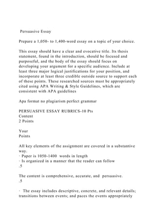 Persuasive EssayPrepare a 1,050- to 1,400-word essay on a top.docx