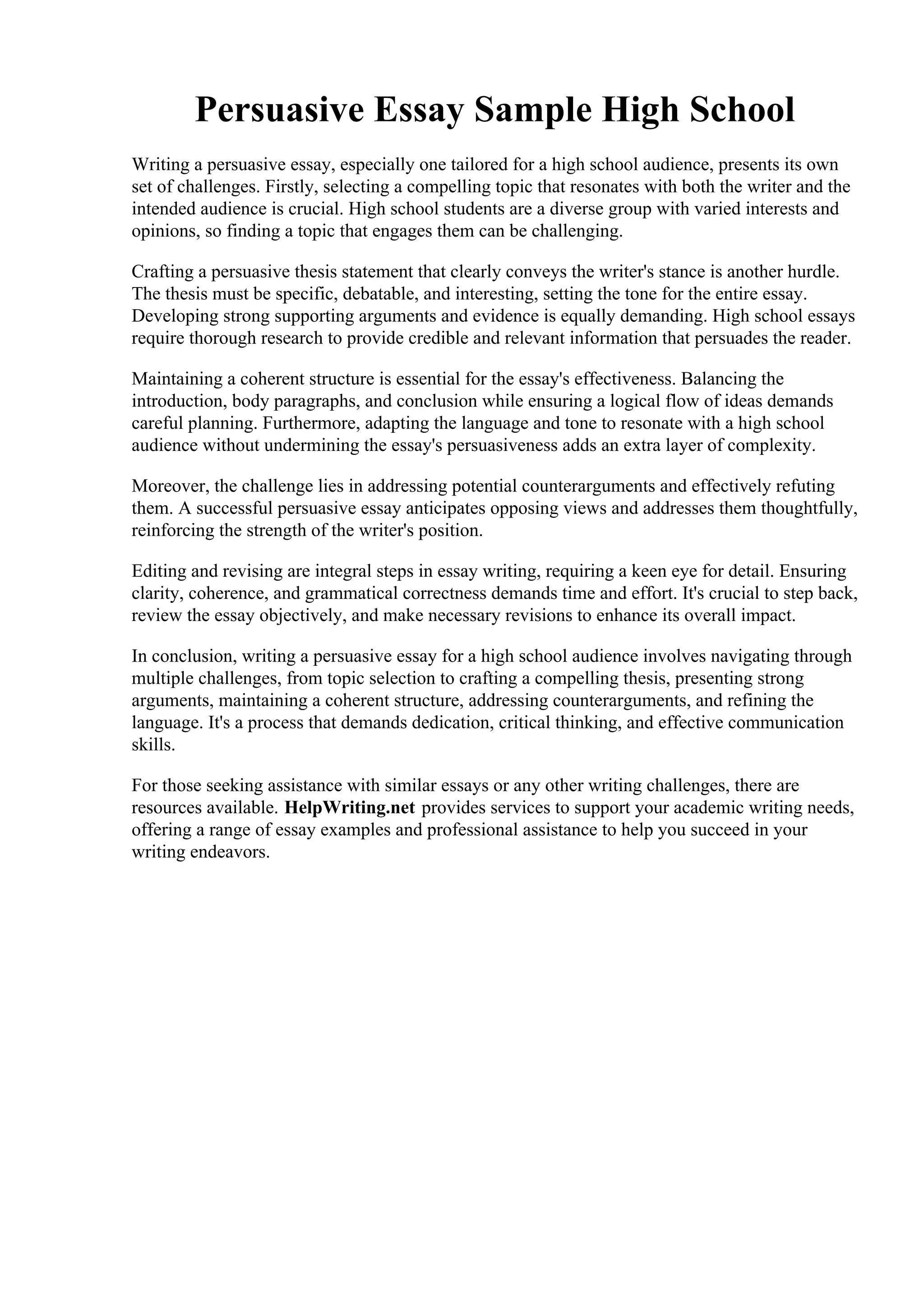 Persuasive Essay Sample High School | PDF