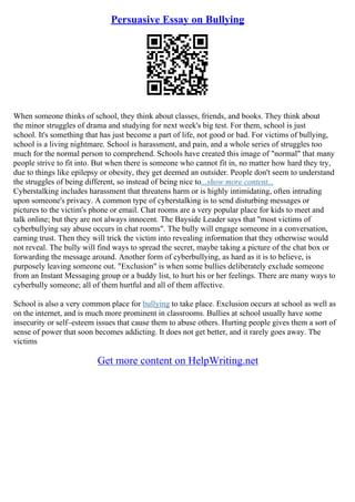 Persuasive Essays On Bullying | PDF | Crime & Harmful Acts to ...