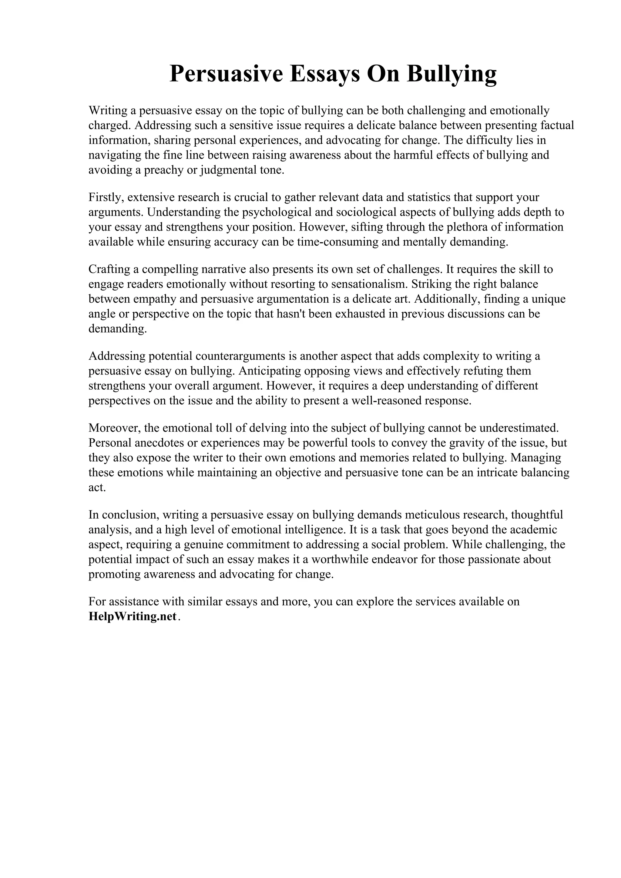 Persuasive Essays On Bullying. essay of bullying Bullying Cyberbullying ...