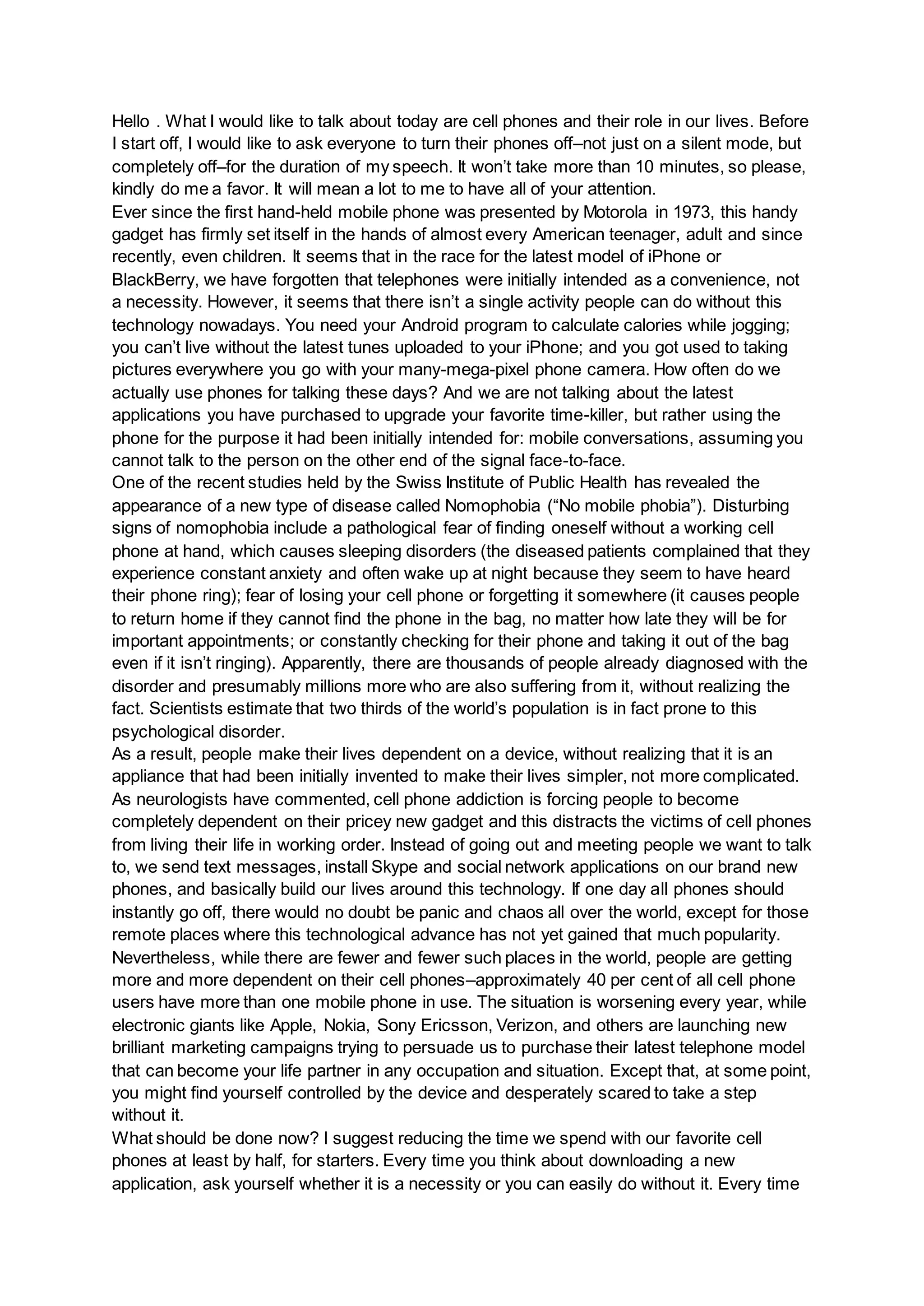 Persuasive speech sample on cell phones importance | DOCX