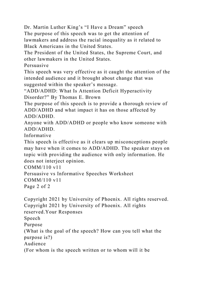 Persuasive vs Informative Speeches Worksheet Reference .docx