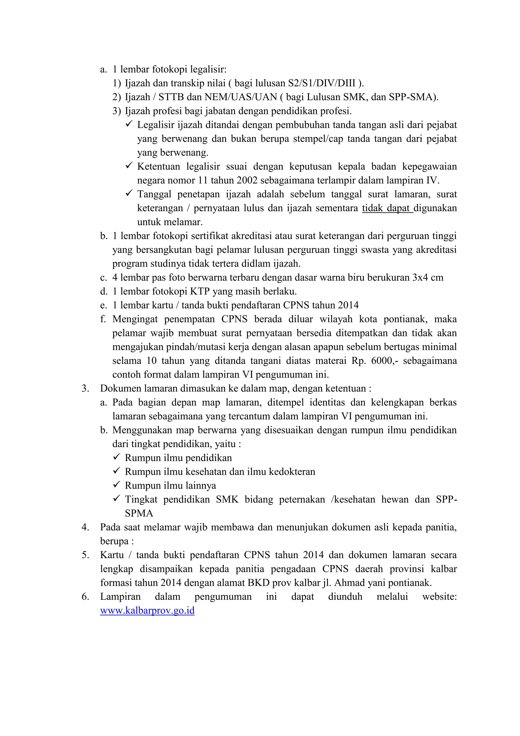 Persyaratan Pendaftaran CPNS PemProv Kalbar, Pontianak | DOCX