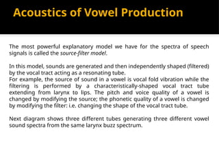 To articulate a vowel sound, the tongue, jaw and lips are placed to create a tube between larynx ...