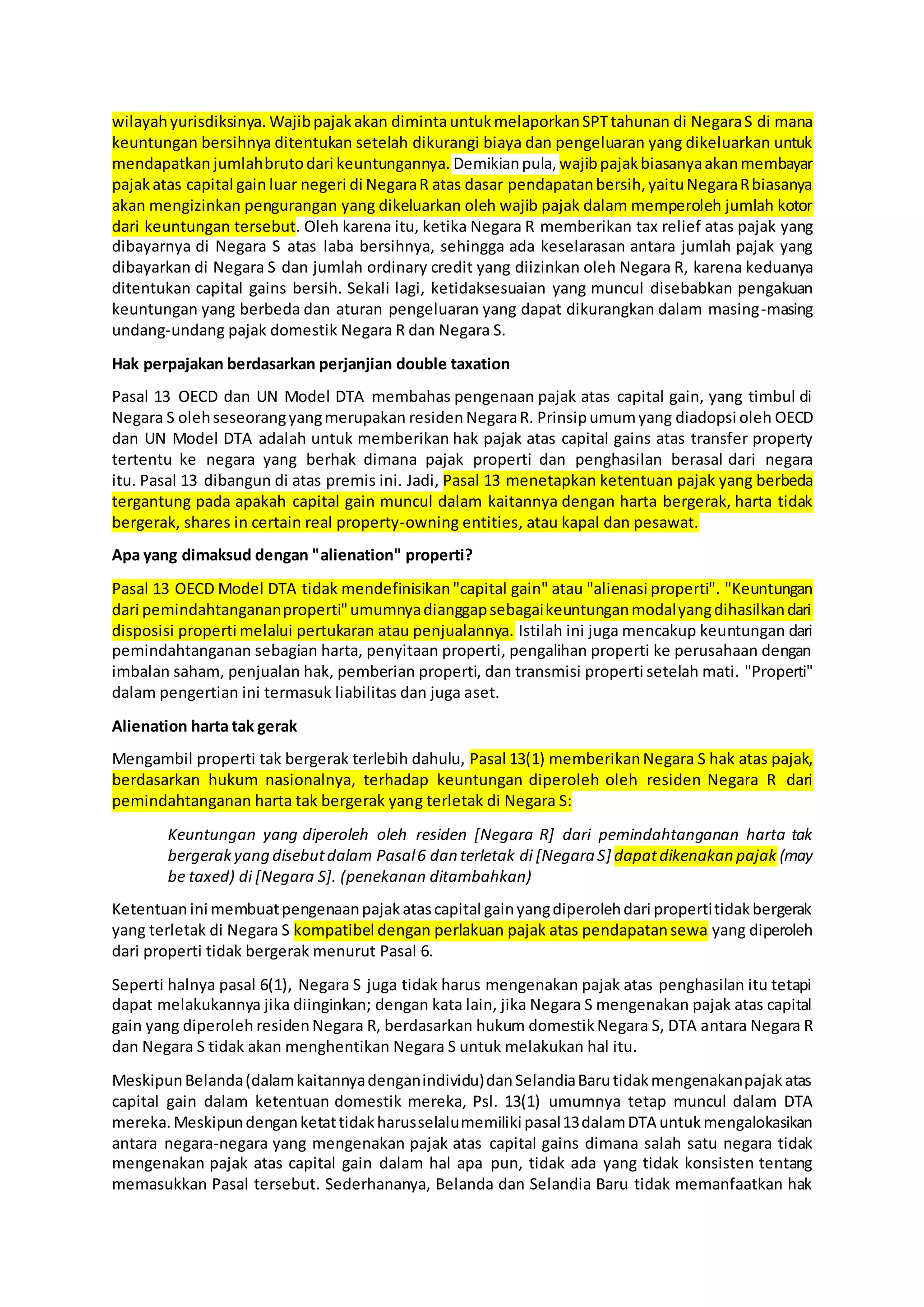 Pajak Internasional atas Capital Gain (Pengalihan Aset Tetap) | DOCX