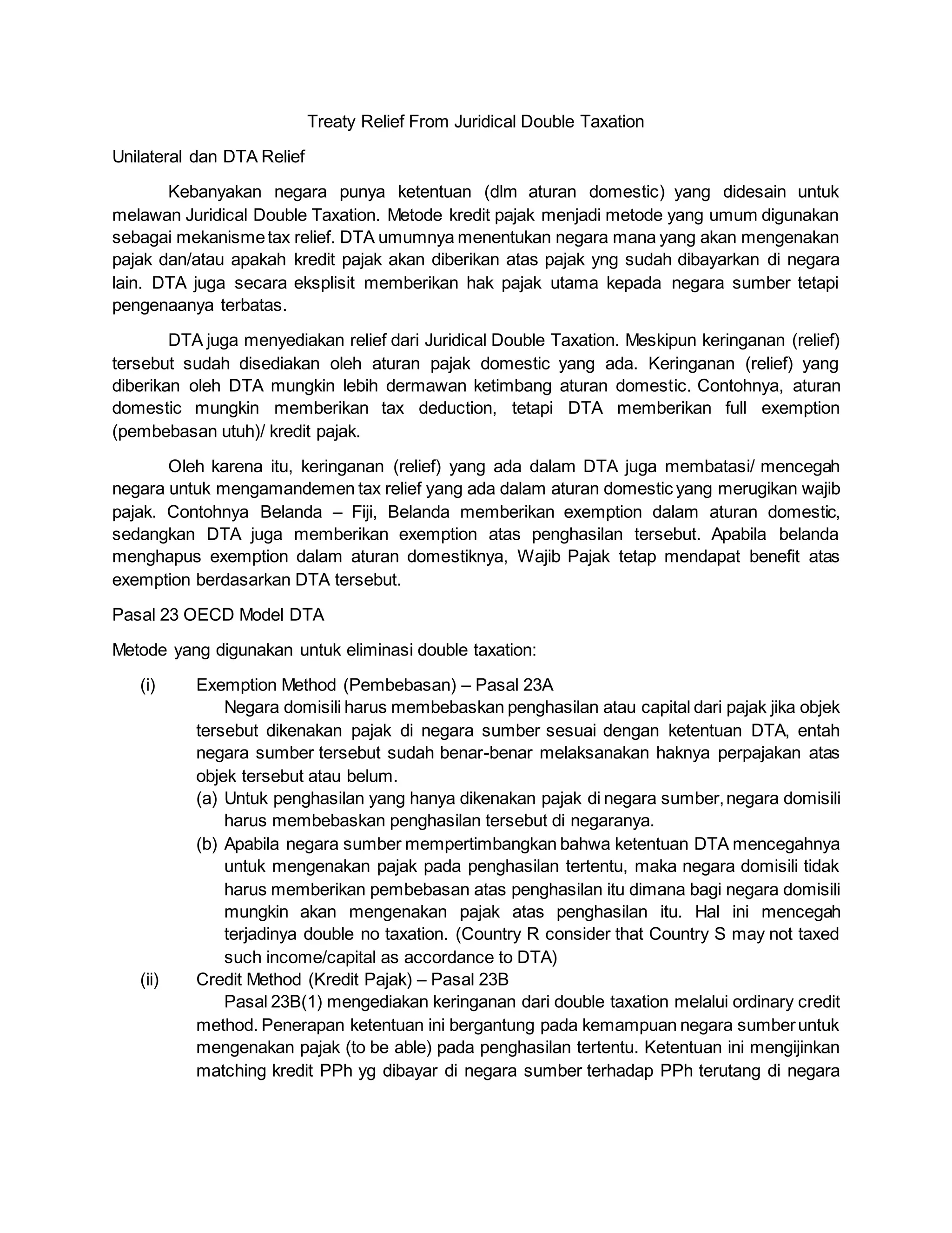 Keringanan Pajak (Tax Relief) dalam Pajak Internasional | DOCX