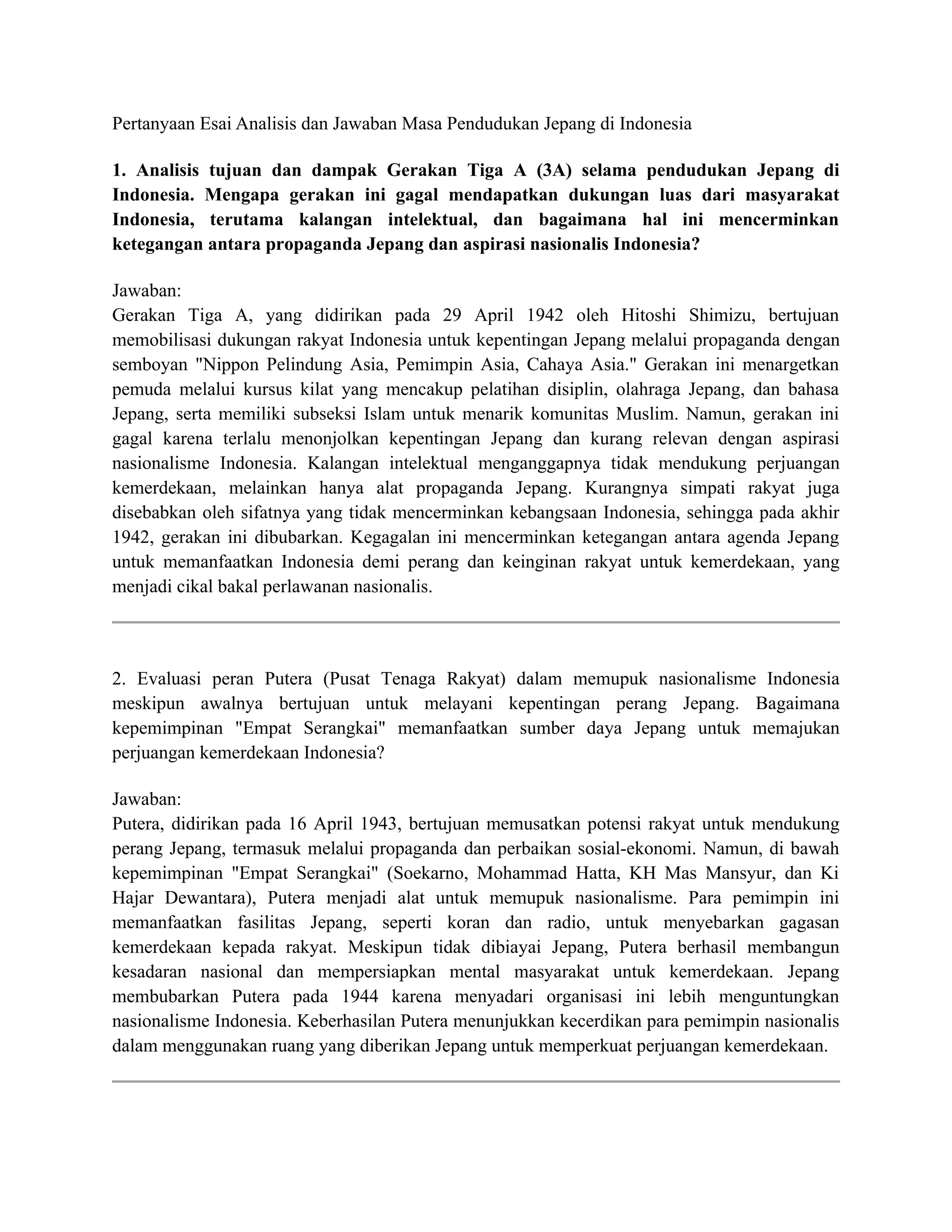 Pertanyaan Esai Analisis dan Jawaban Masa Pendudukan Jepang di Indonesia.docx