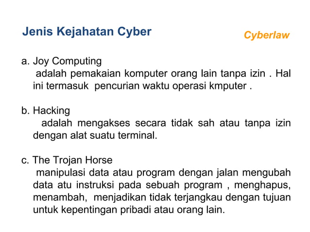Hukum, etika, dan kejahatan sistem cyber | PPT