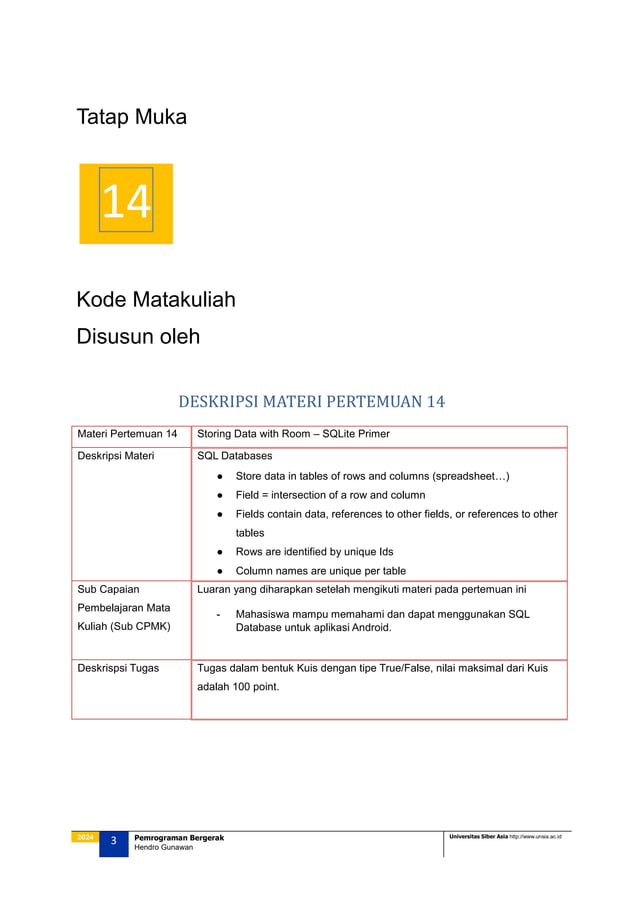 Pertemuan 14 - Storing Data with Room - SQLite Primer - Word.docx