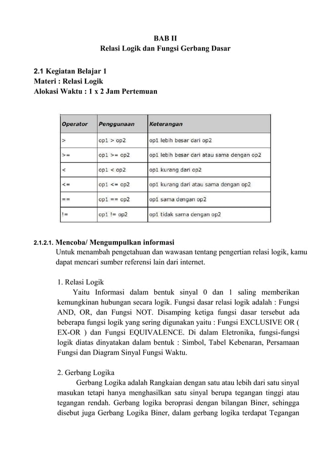 Pertemuan 1 bab ii relasi logik dan fungsi gerbang dasar | PDF