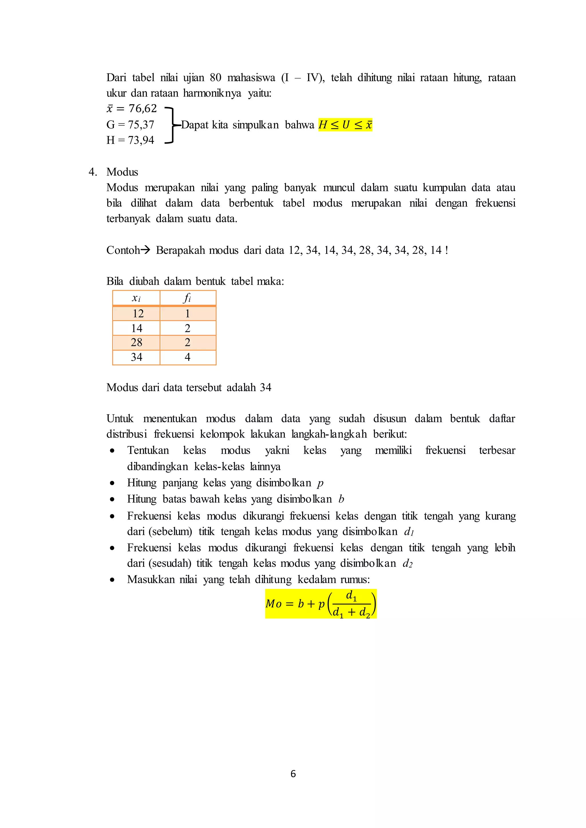 Pertemuan 5 (ukuran pemusatan data dan ukuran letak data) | PDF