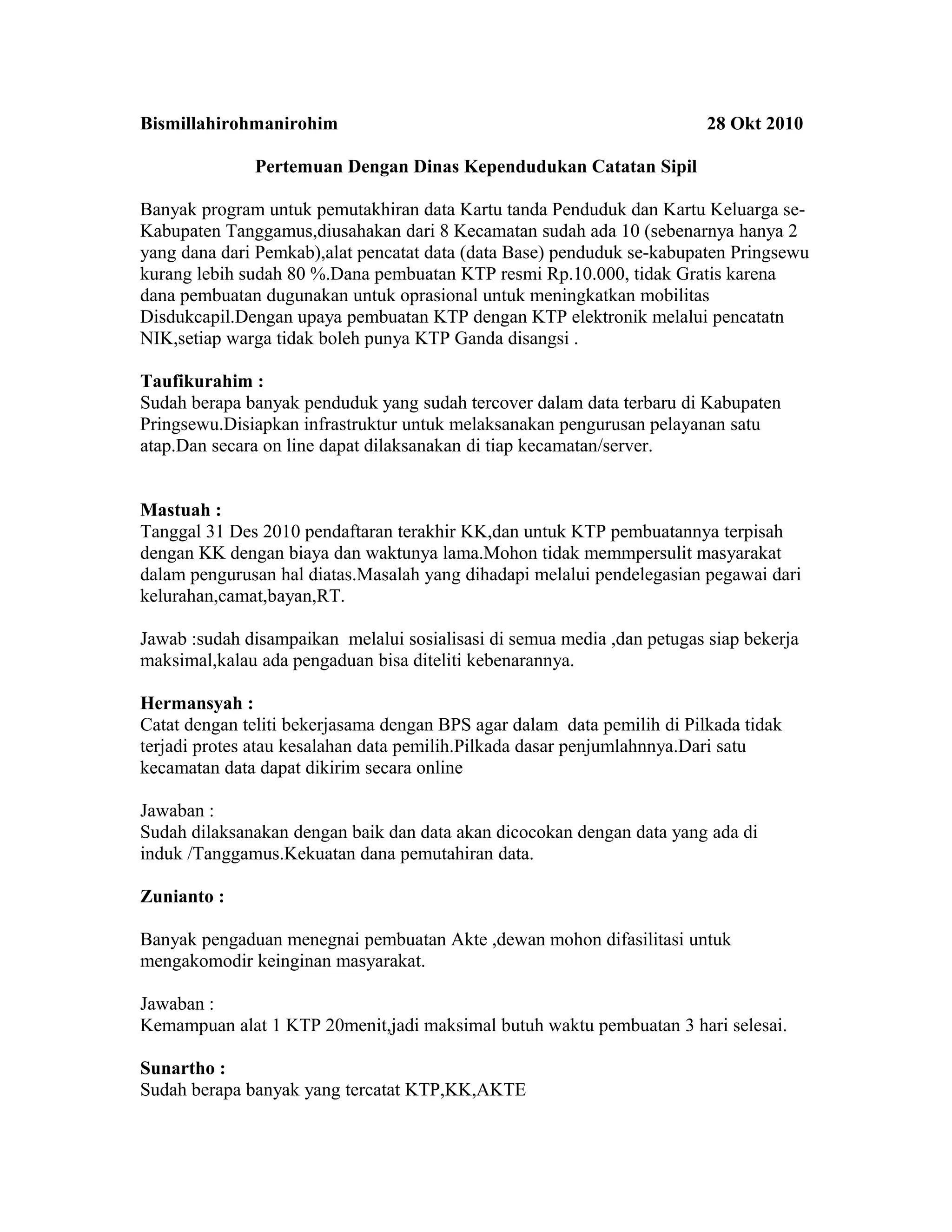 Pertemuan dengan dinas kependudukan capil | PDF