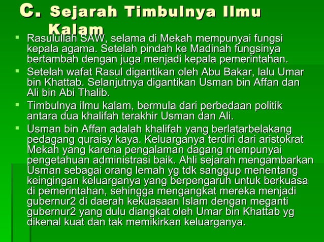 Pertemuan i dasar dan sejarah timbulnya ilmu kalam | PPT