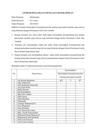 RPP Sistem Persamaan Linear Dua Variabel | PDF