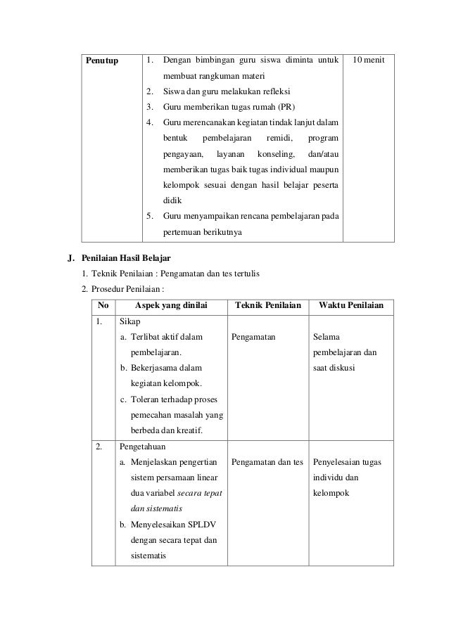 RPP Sistem Persamaan Linear Dua Variabel RPP Sistem Persamaan Linear Dua Variabel